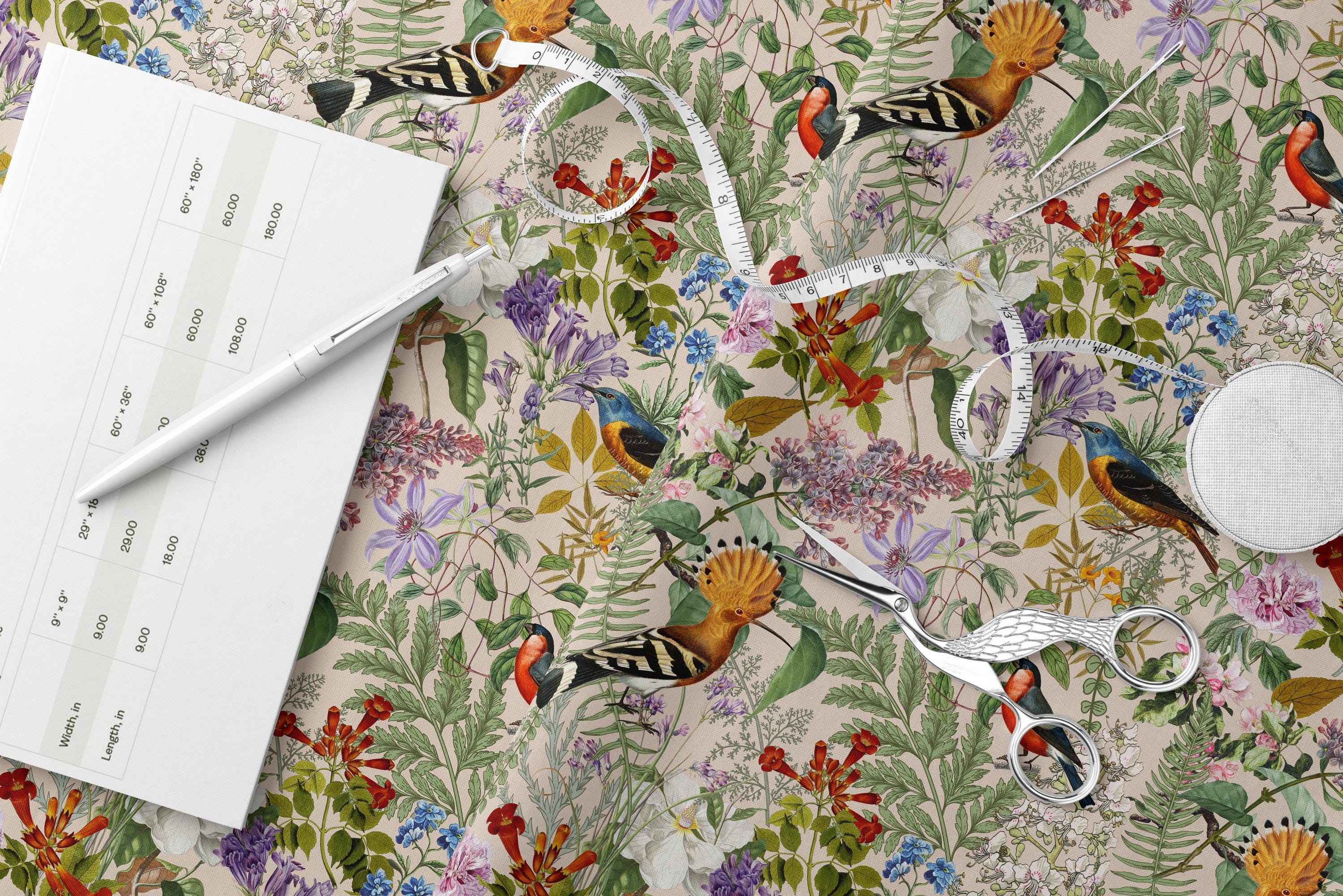 Floral Bird Botanical Print Fabric, Combed Cotton Sewing Material - Etsy