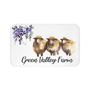 Farmhouse Bath Mat, Personalized Bath Rug With Funny Sheep, Farm Name ...