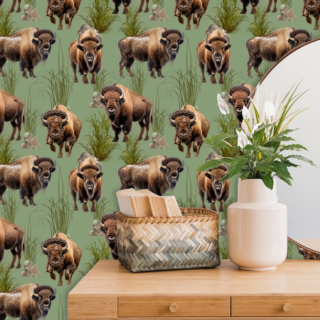 Bison Wallpaper, Green Wall Paper Peel and Stick, Woodland Wall Decor ...