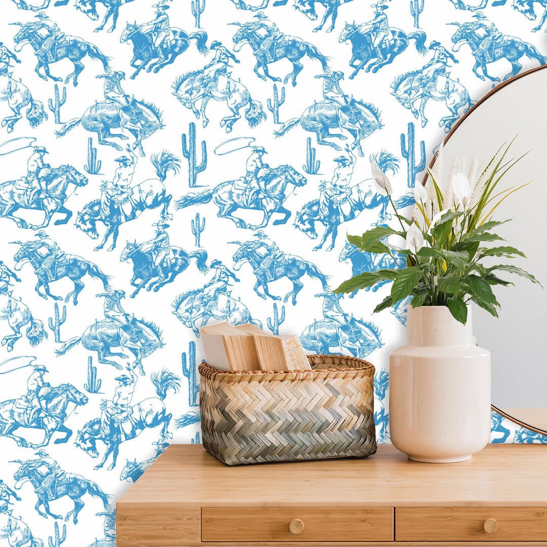 Cowboy Western Wallpaper, Peel and Stick Blue Wallpaper, Rodeo Horse ...
