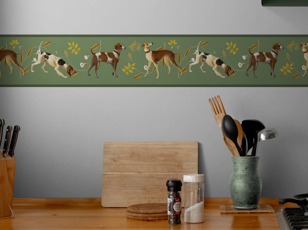 Green Wallpaper Border With Dog, Retro Wall Decal, Hunting Decor, Peel ...