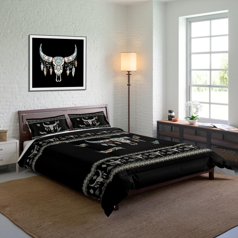 Boho Comforter With Bull Skull and Feathers , Black Bedding Set With ...