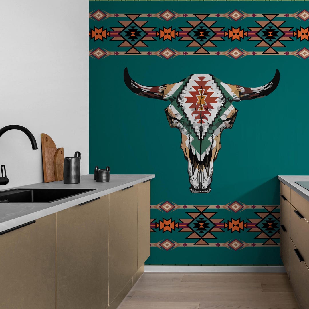 Western Wall Mural, Bull Skull Wall Decor, Boho Wall Decal ...