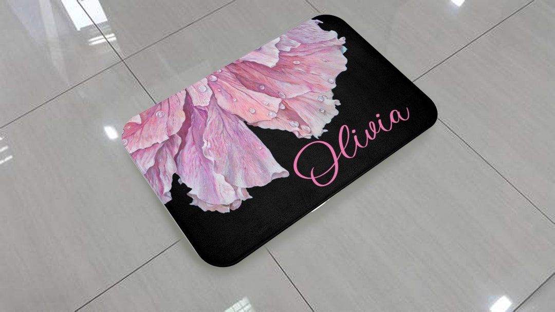 Custom Bath Mat, Floral Bath Rug, Personalized Bathmat, Black With Pink ...