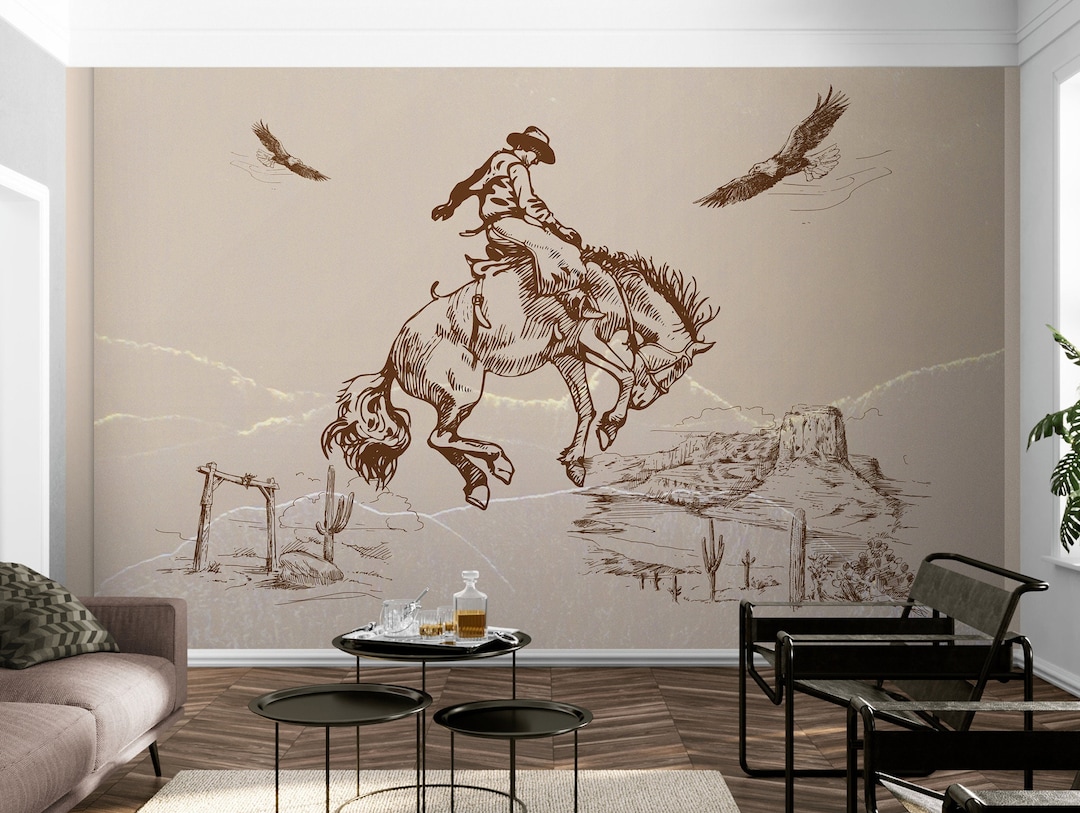 Western Cowboy Wall Decal, Southwestern Wallpaper, Wild West Wall Mural ...