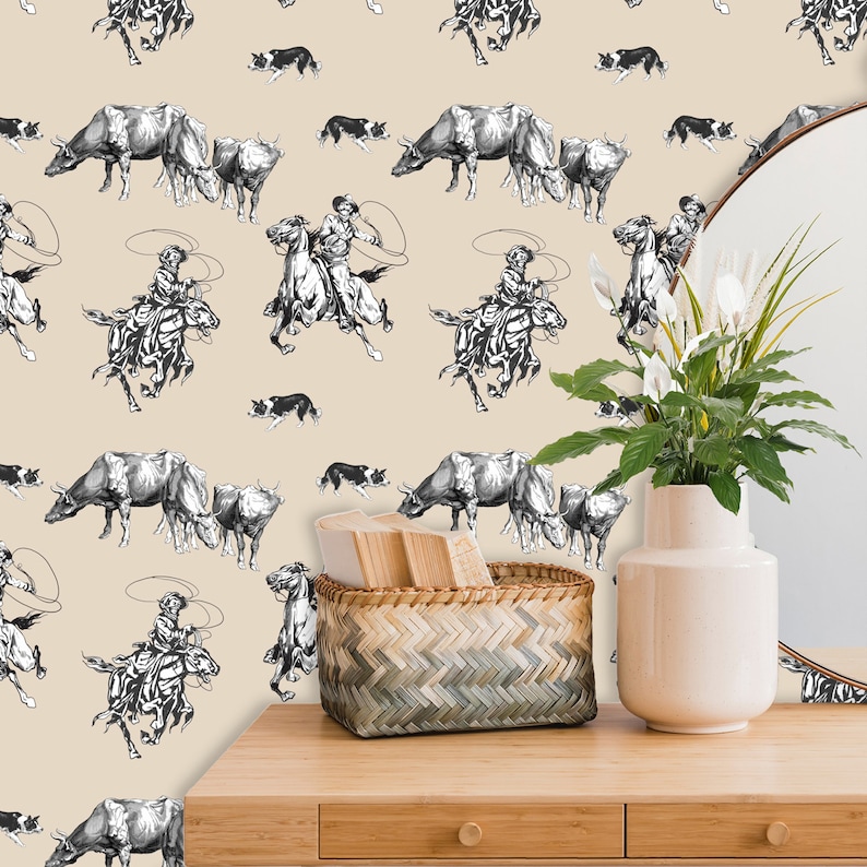 Retro Wallpaper, Cowboy Wall Decor, Beige Wallpaper, Southwestern Ranch ...