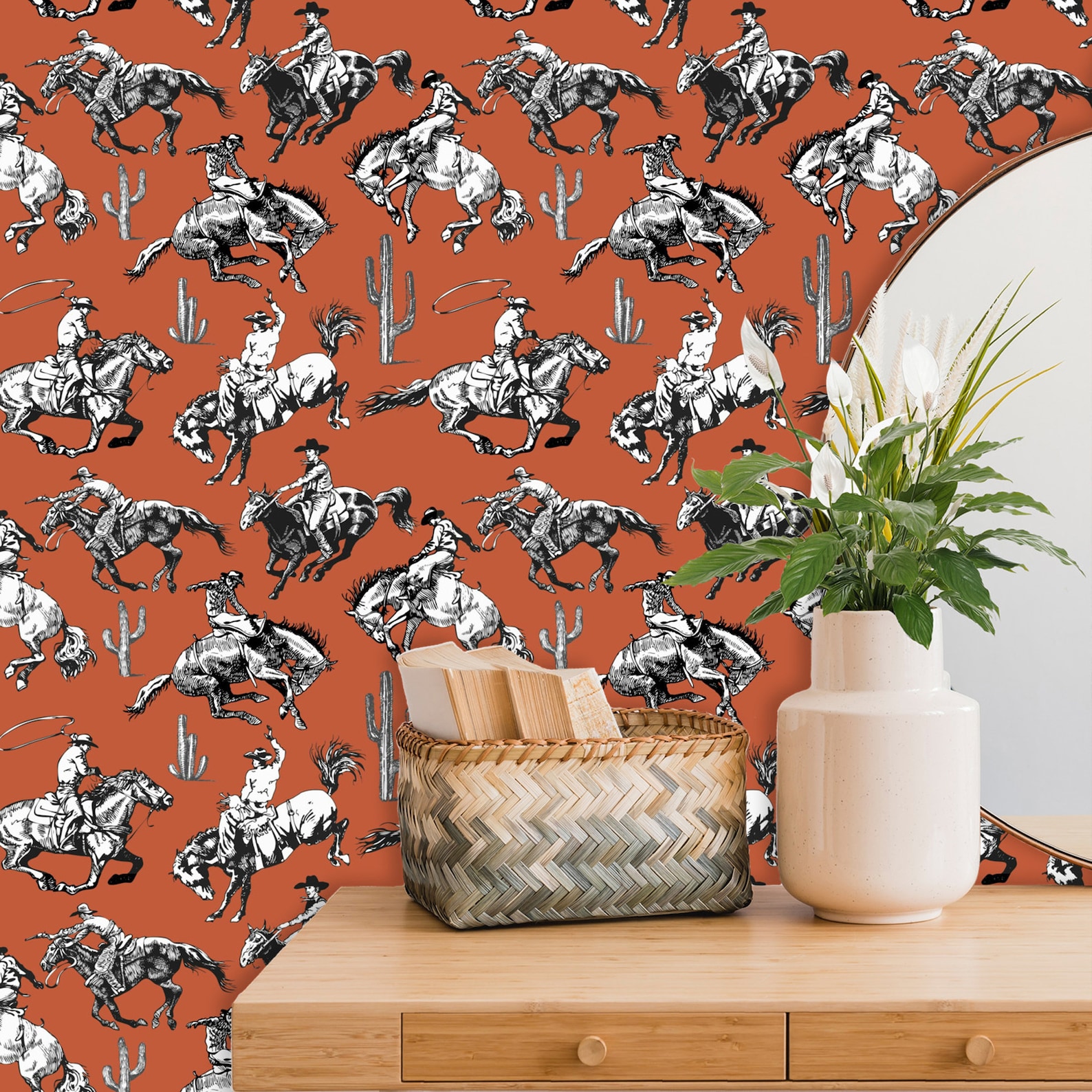 Orange Wall Paper Cowboy Wallpaper With Horses Southwest - Etsy
