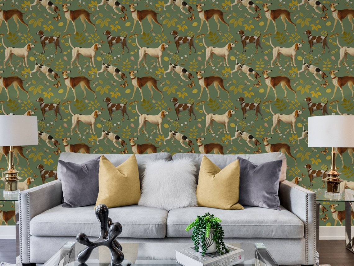 Wallpaper Sage Green With Hunting Dogs Wall Paper Pill and | Etsy
