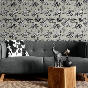 Gray Wallpaper With Cowboy, Southwest Decor, Western Wallpaper Peel ...