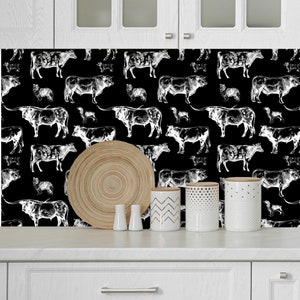 Dark Wall Paper With Cow, Farm Wall Decor, Ranch Wallpaper, Black ...