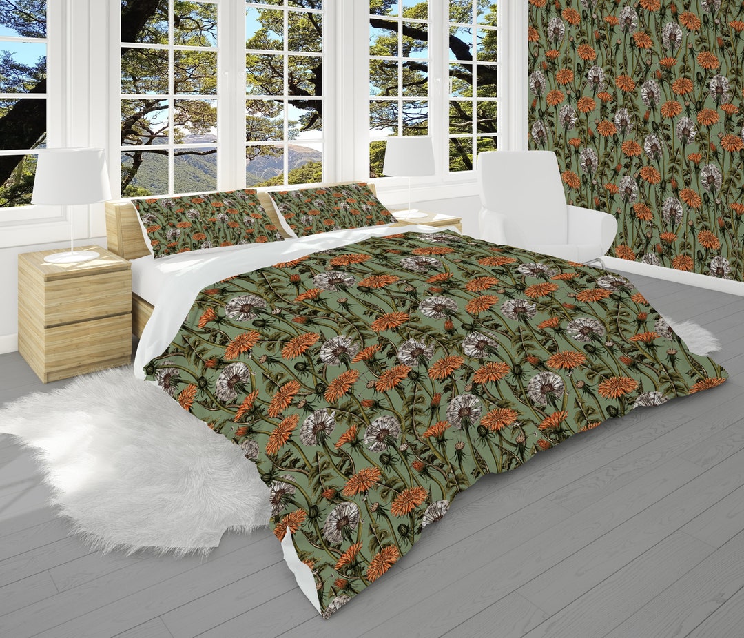 Dandelion Comforter Set, Sage Bed Blanket and Pillowcases, Floral ...