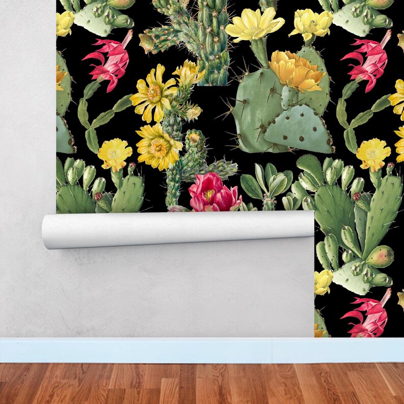 Dark Botanical Wallpaper, Cactus Wallpaper Peel and Stick, Black ...
