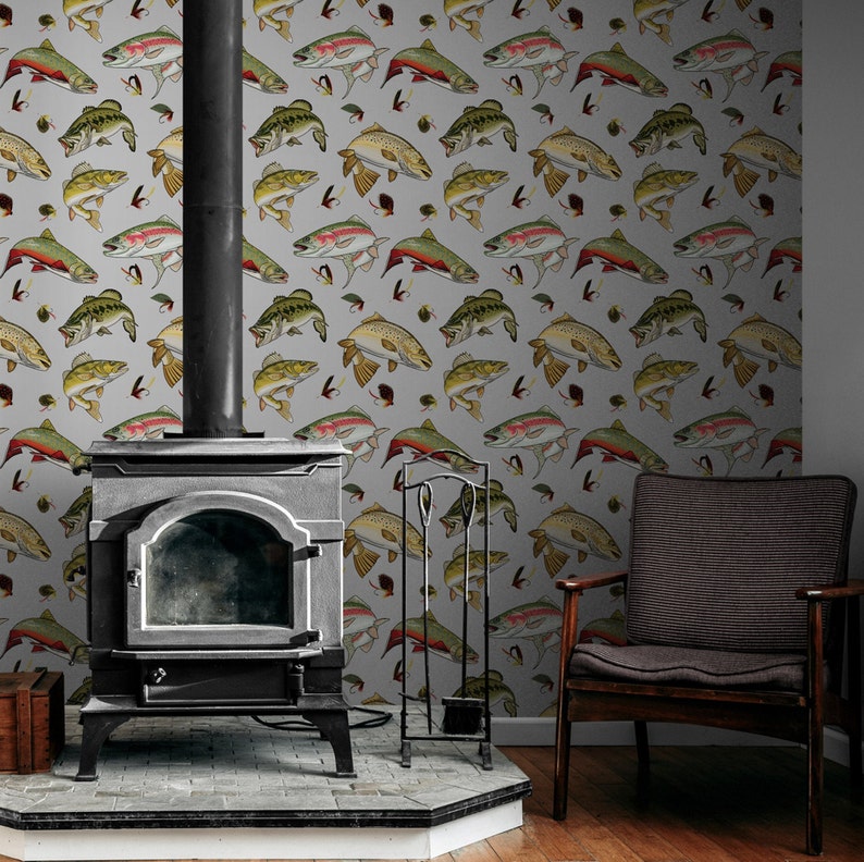 Fish Wallpaper, Gray Wall Paper Peel and Stick With Salmon, Fishing ...