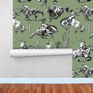 Sage Wallpaper With Cowboy, Wild West Decor, Green Wallpaper Peel Stick ...