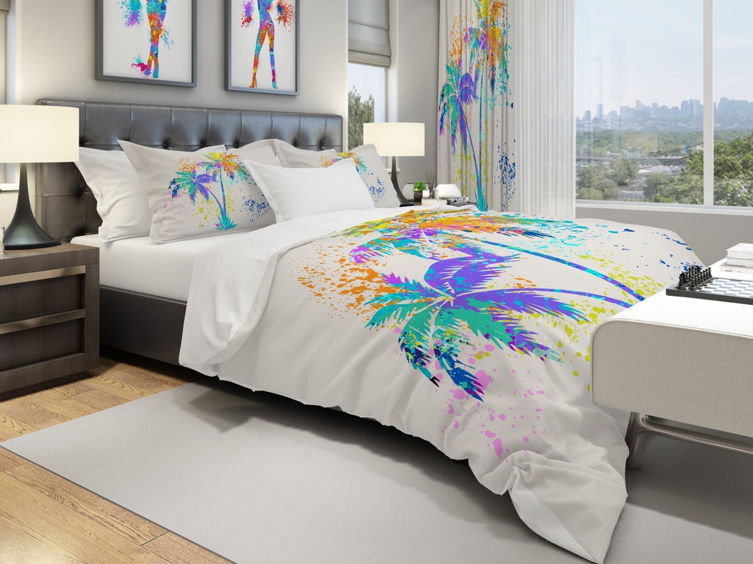 Palm Comforter, Tropical Bedding Set, Coastal Bedroom Decor, Colorful ...