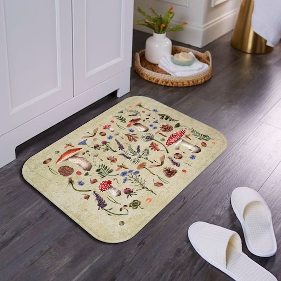 Fall Bath Mat With Mushrooms and Leaves Earthy Colors | Etsy