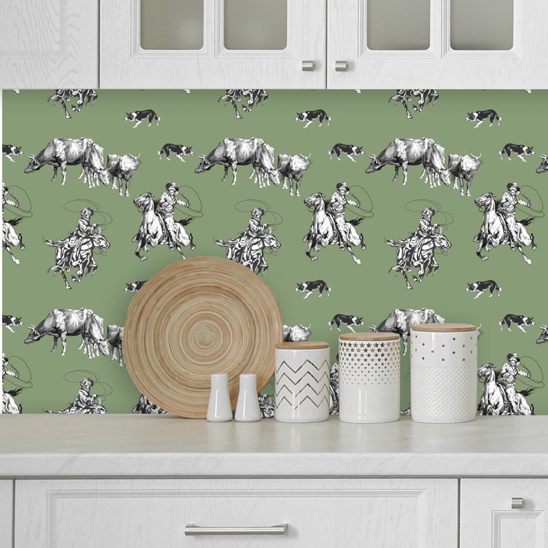 Green Wallpaper Western Wall Paper With Cowboy Southwestern - Etsy