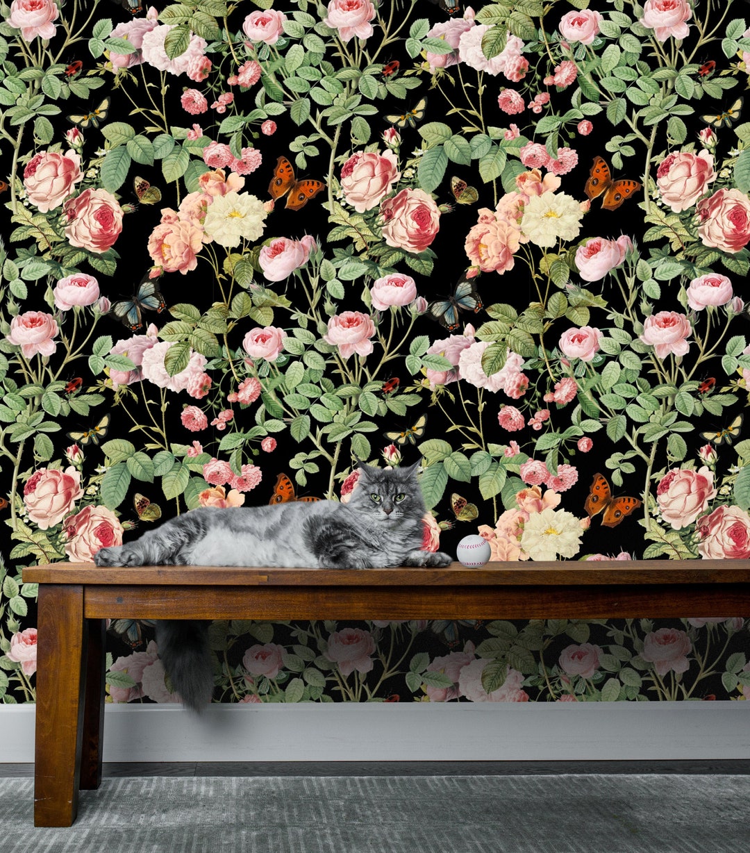 Peonies Wall Decal, Black Floral Wall Paper, Peony Wallpaper, Country ...