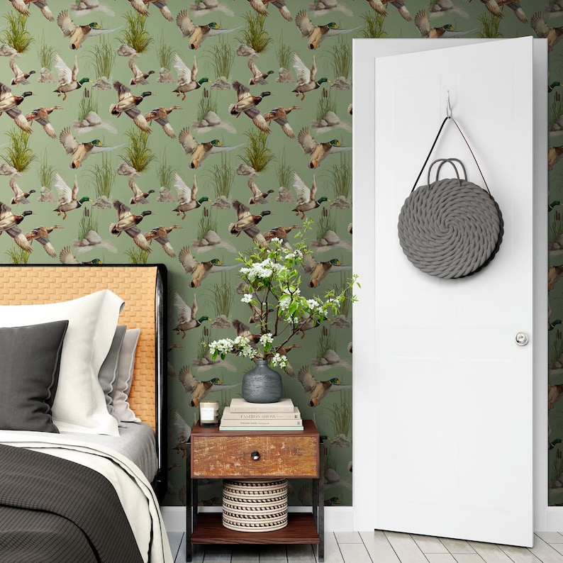 Green Retro Wallpaper Duck Wall Paper Peel & Stick Birds - Etsy