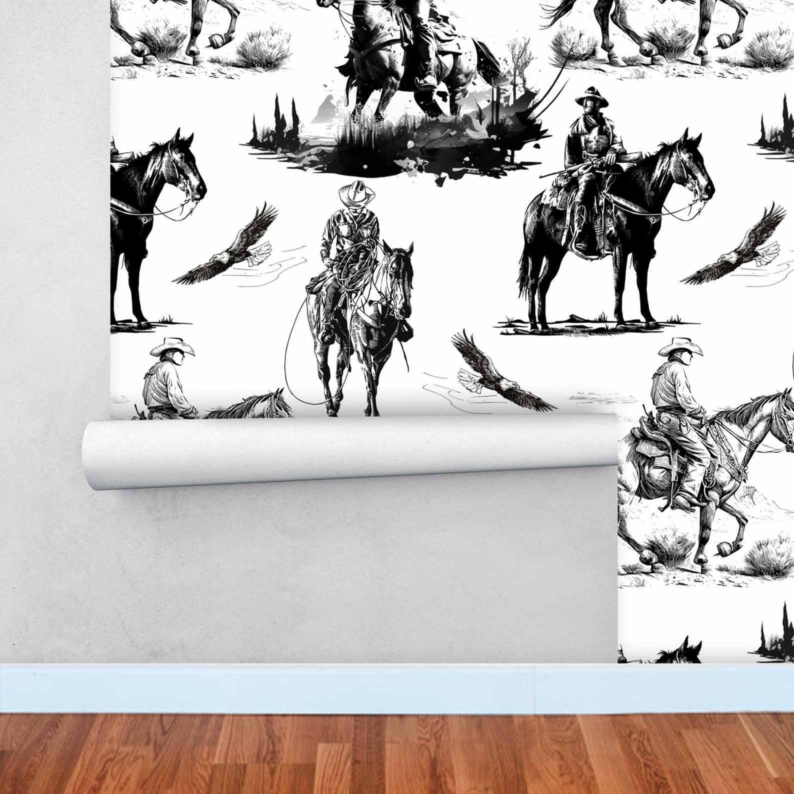 Cowboy Wallpaper, Western Wall Paper in Black and White, Southwestern ...