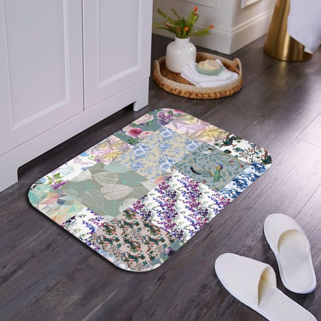 Patchwork Bath Mat, Blue Floral Country Decor, Quilt Printed Bath Rug ...