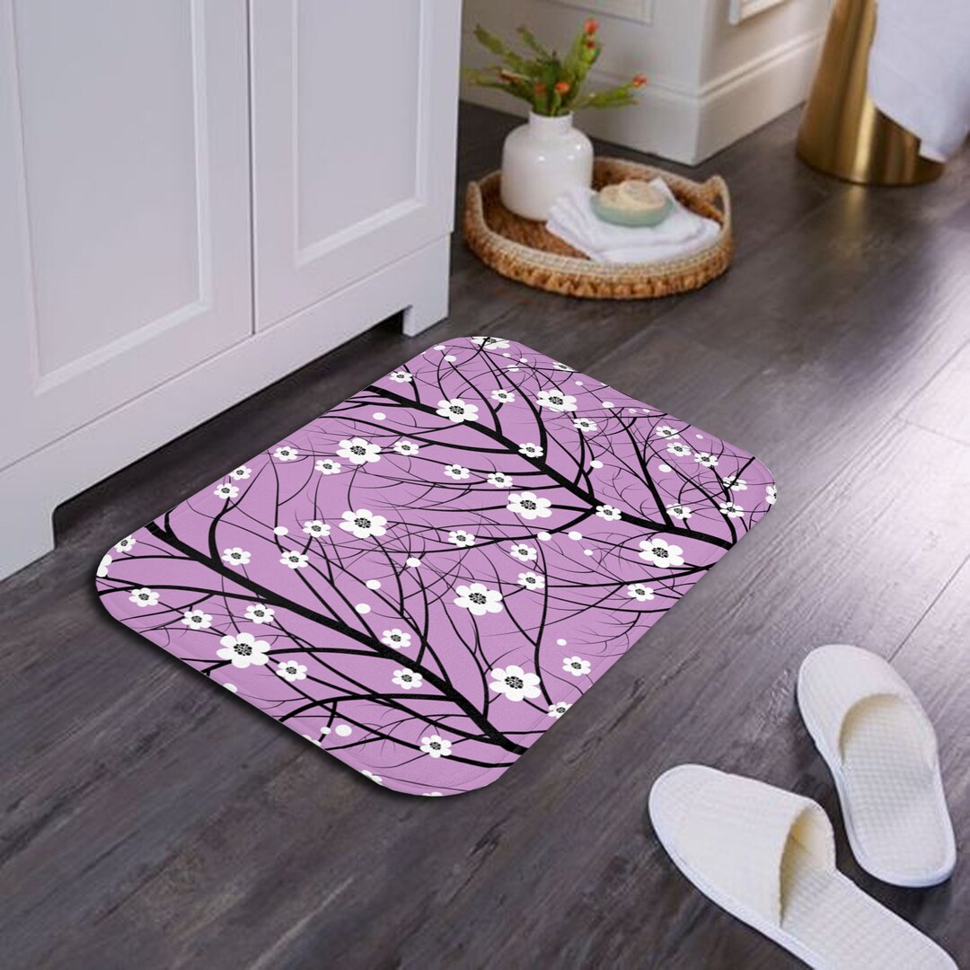 Floral Bath Mat, Lilac Bathroom Rug With White Flowers, Cute Bath Rug ...