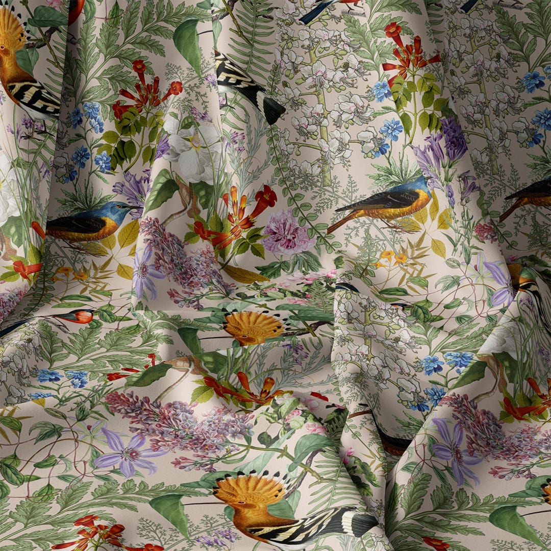 Floral Bird Botanical Print Fabric, Combed Cotton Sewing Material - Etsy
