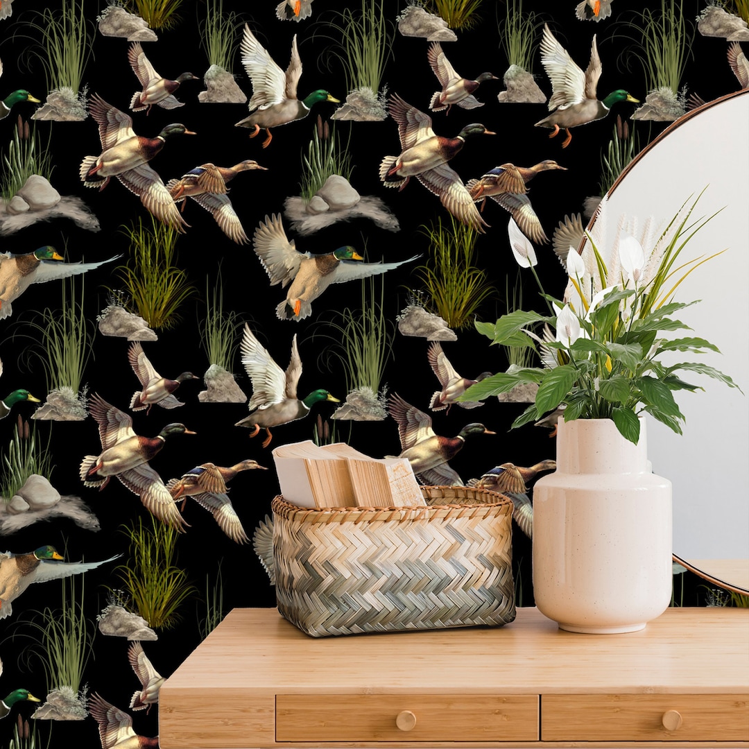 Black Wallpaper With Duck, Hunting Wallpaper, Birds Wall Decor ...