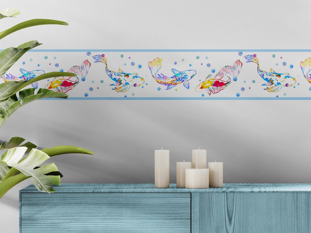 Koi Fish Painting Wallpaper Border Peel and Stick, Colorful Wall Decor ...