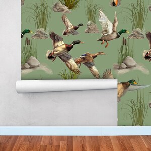 Green Retro Wallpaper, Duck Wall Paper Peel & Stick, Birds Wall Decal ...