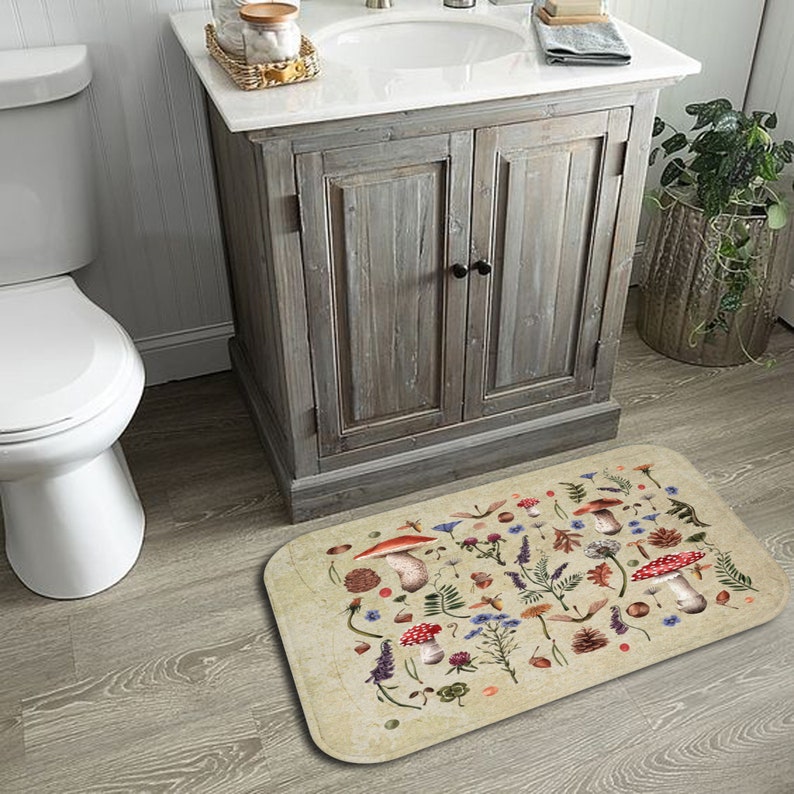 Fall Bath Mat With Mushrooms and Leaves Earthy Colors | Etsy