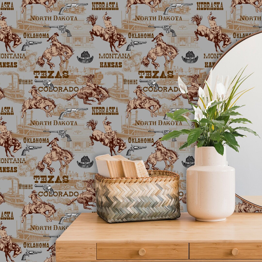 Southwestern Wallpaper With Horses, Western Cowboy Wall Decal, Rodeo ...
