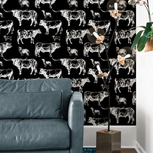 Dark Wall Paper With Cow, Farm Wall Decor, Ranch Wallpaper, Black ...