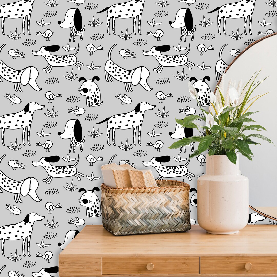 Dog Wallpaper, Funny Wall Decor, Gray Wall Paper Peel and Stick or ...