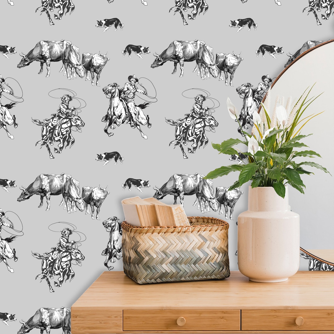 Gray Wallpaper, Cowboy Wall Decor, Retro Wallpaper, Southwestern Ranch ...