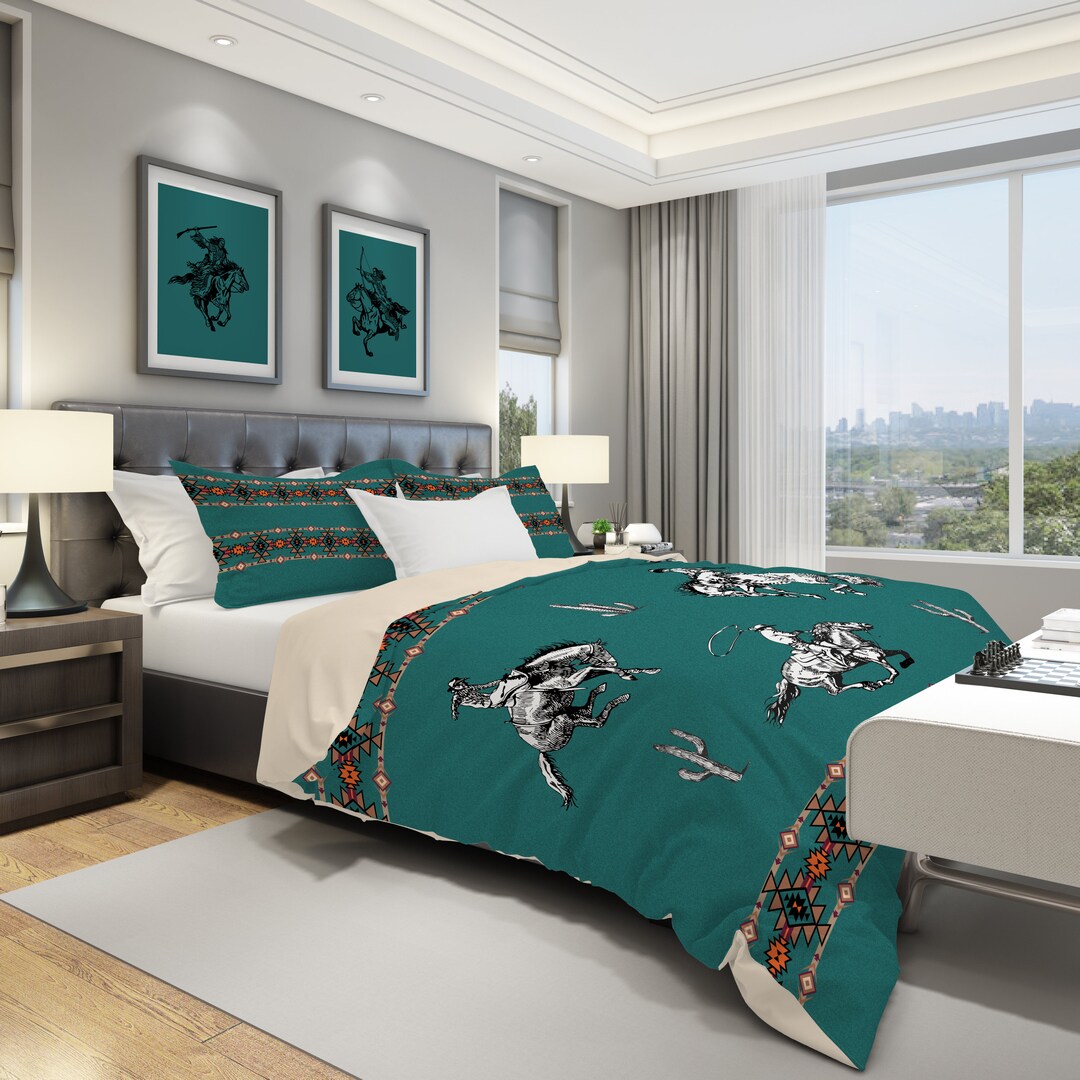 Teal Bedding Set, Duvet Cover With Pillow Shams, Southwestern Boho ...