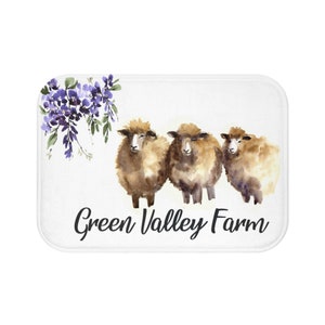 Farmhouse Bath Mat, Personalized Bath Rug With Funny Sheep, Farm Name ...