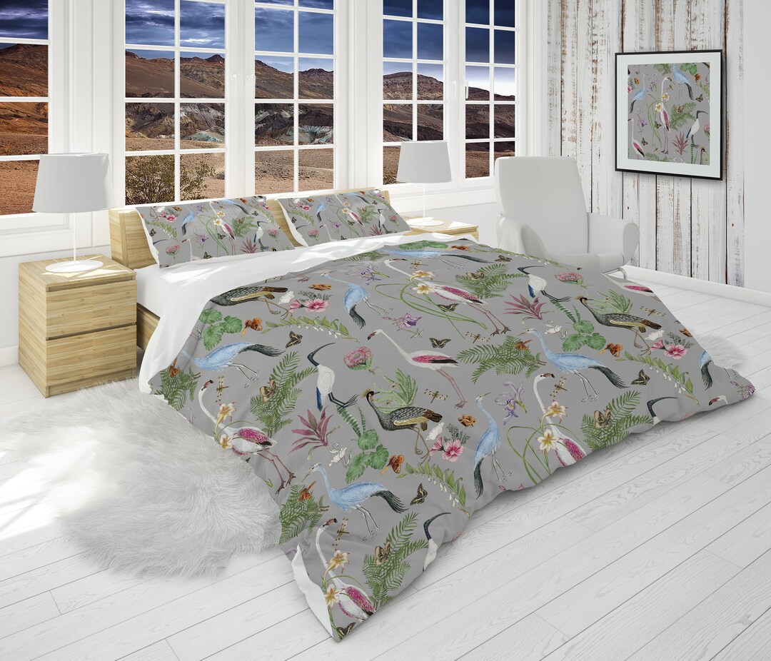 Grey Comforter With Birds, Art Deco Bedding Set, Comforter Queen, Twin ...