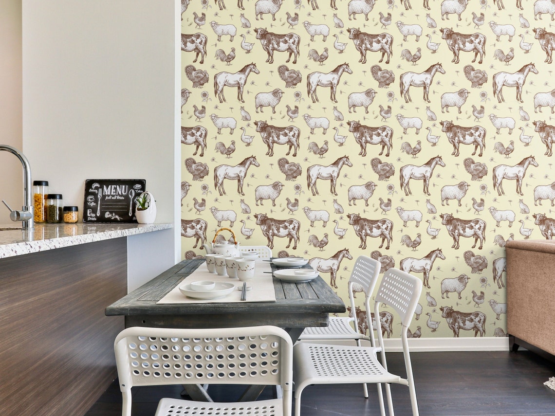 Farmhouse Wallpaper Farm Animals Wall Paper Removable Wall | Etsy