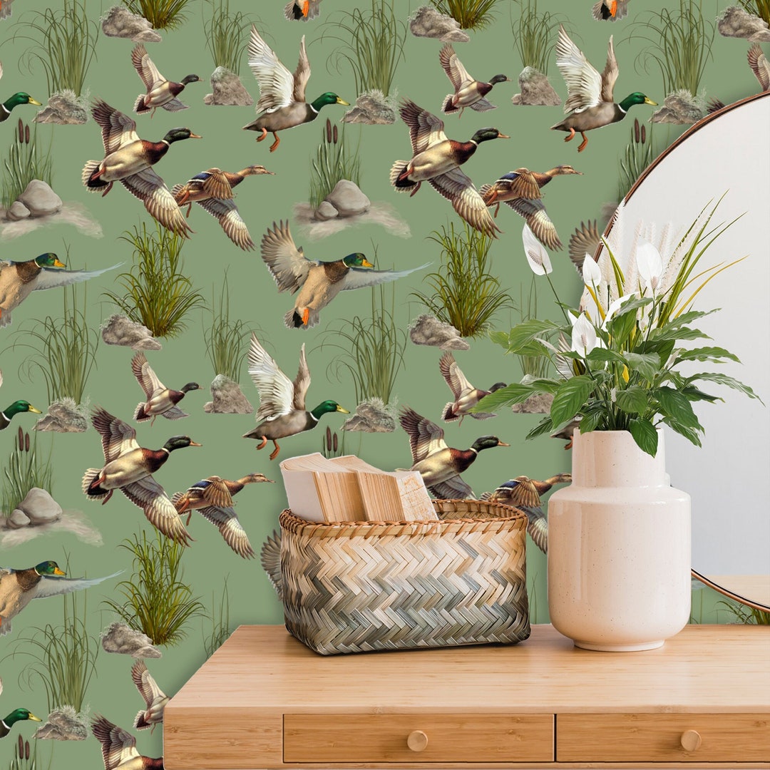 Green Retro Wallpaper, Duck Wall Paper Peel & Stick, Birds Wall Decal ...