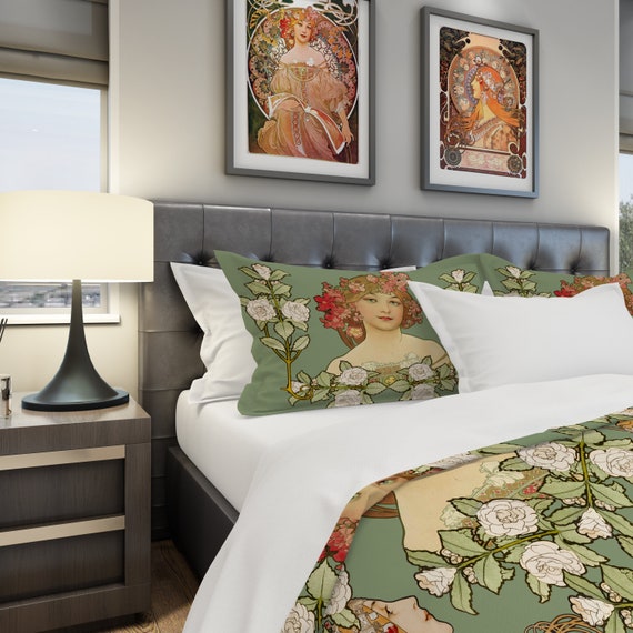 Sage Comforter King Queen Twin Twin XL Art Deco Bedding Set Green Pillow Shams With Women Portrait Etsy UK