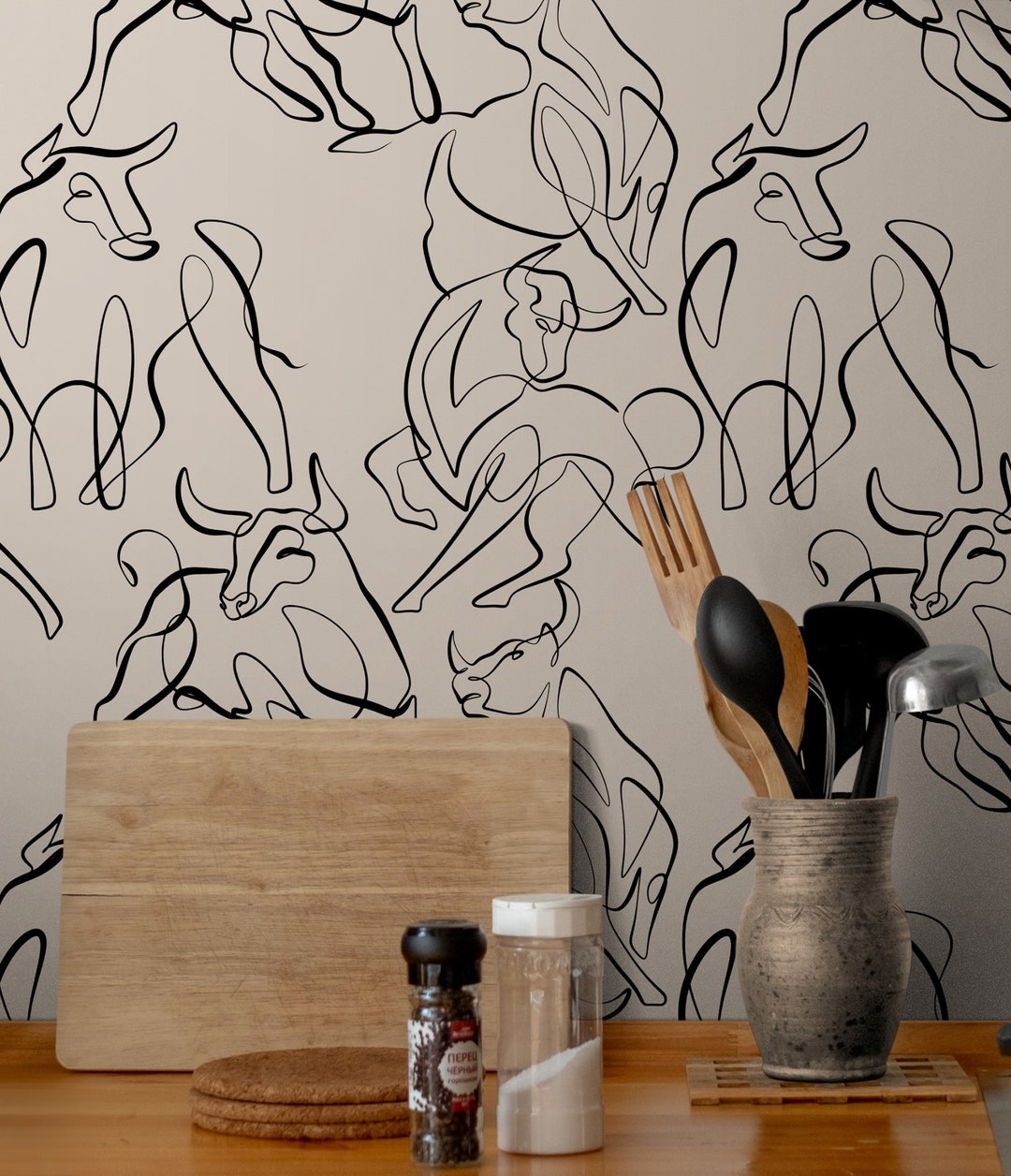 Beige Wallpaper Peel and Stick, Bulls Wall Décor, Modern Farmhouse Wall ...