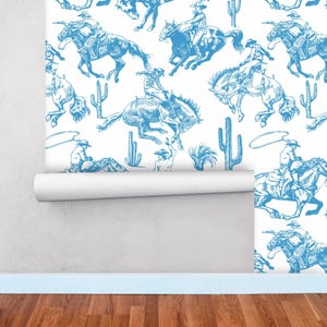 Cowboy Western Wallpaper, Peel and Stick Blue Wallpaper, Rodeo Horse ...