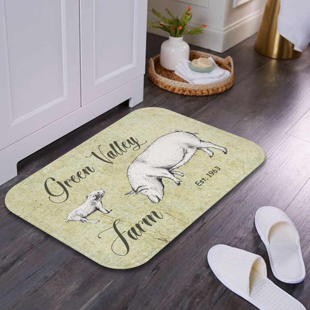 Pig Bath Mat Personalized, Farmhouse Bathroom Rug With Custom Farm Sign ...