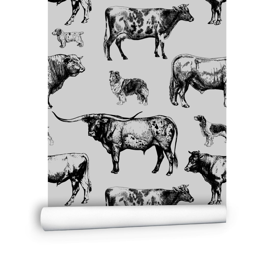 Gray Wallpaper, Prepasted Wallpaper With Cow, Rustic Wall Decor With ...