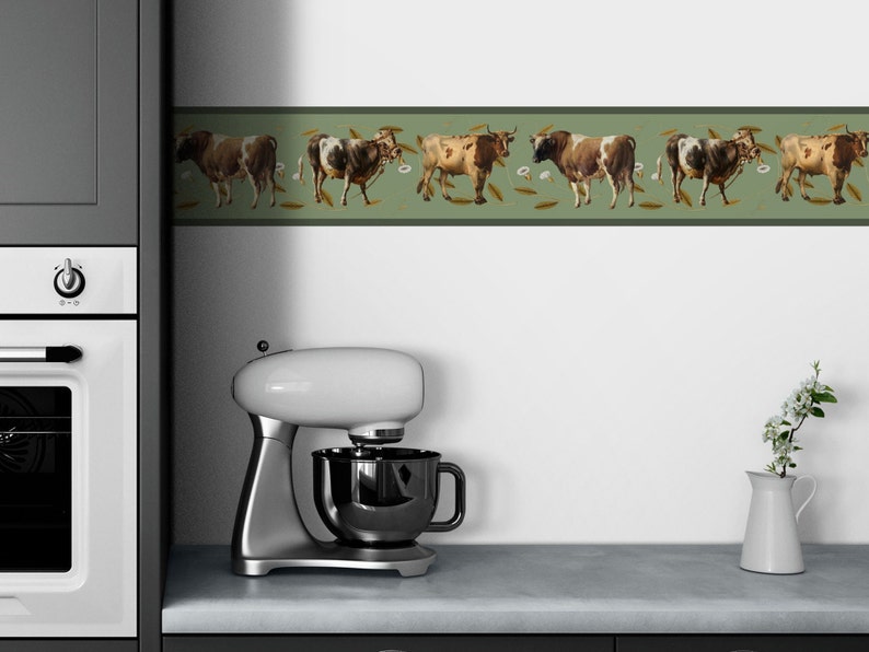 Farm Wallpaper Border With Cow, Farmhouse Decor, Green Wall Decal Peel ...