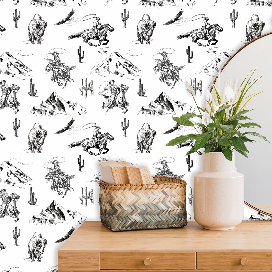 Western Wallpaper Peel and Stick With Bison and Southwestern Cowboy ...