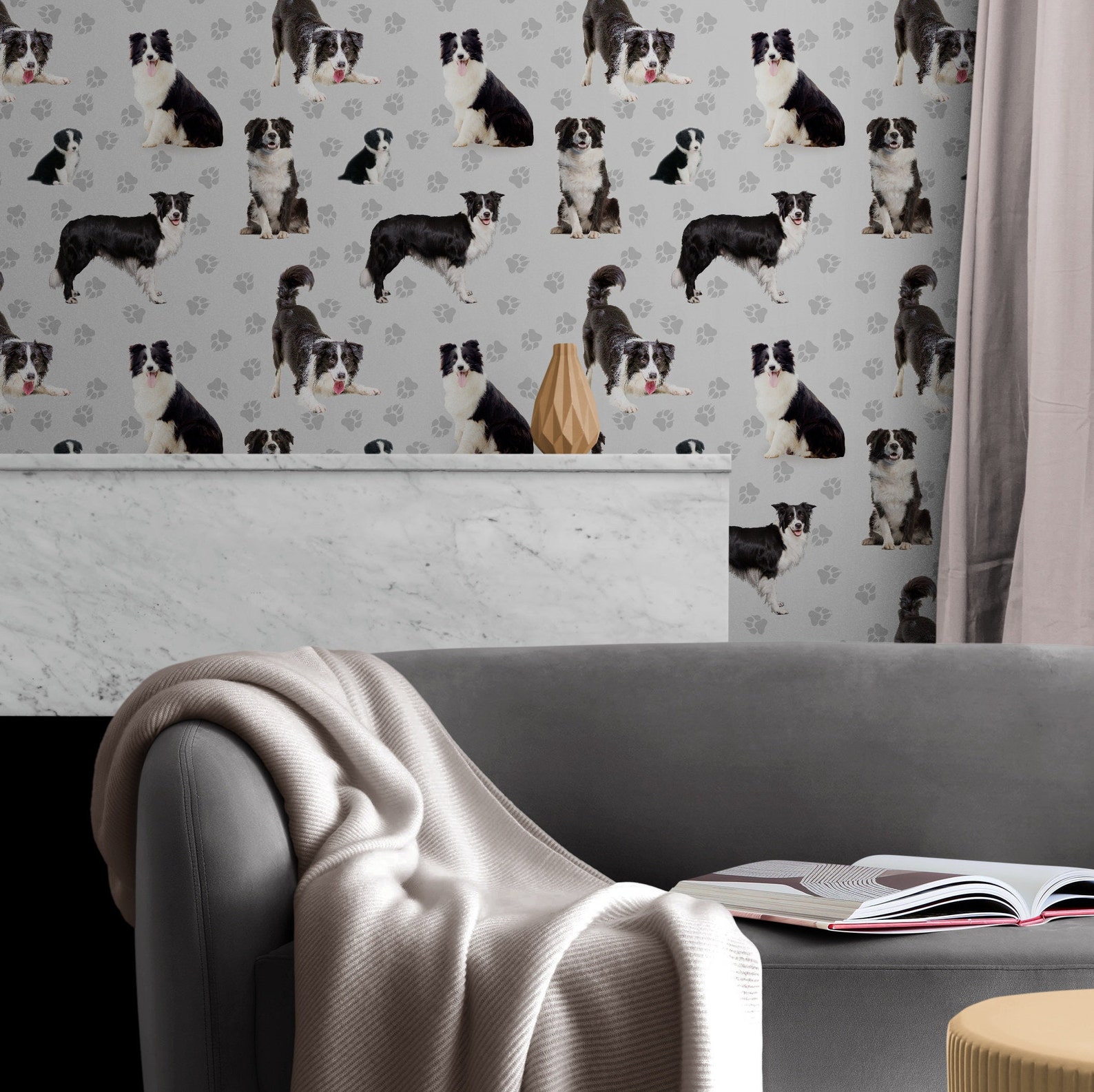 Cute Border Collie Wallpaper Gray Wall Paper Dog Wall Decal - Etsy