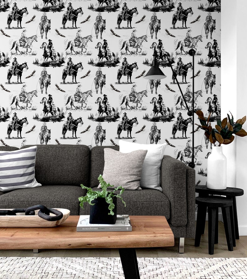 Cowboy Wallpaper, Western Wall Paper in Black and White, Southwestern ...