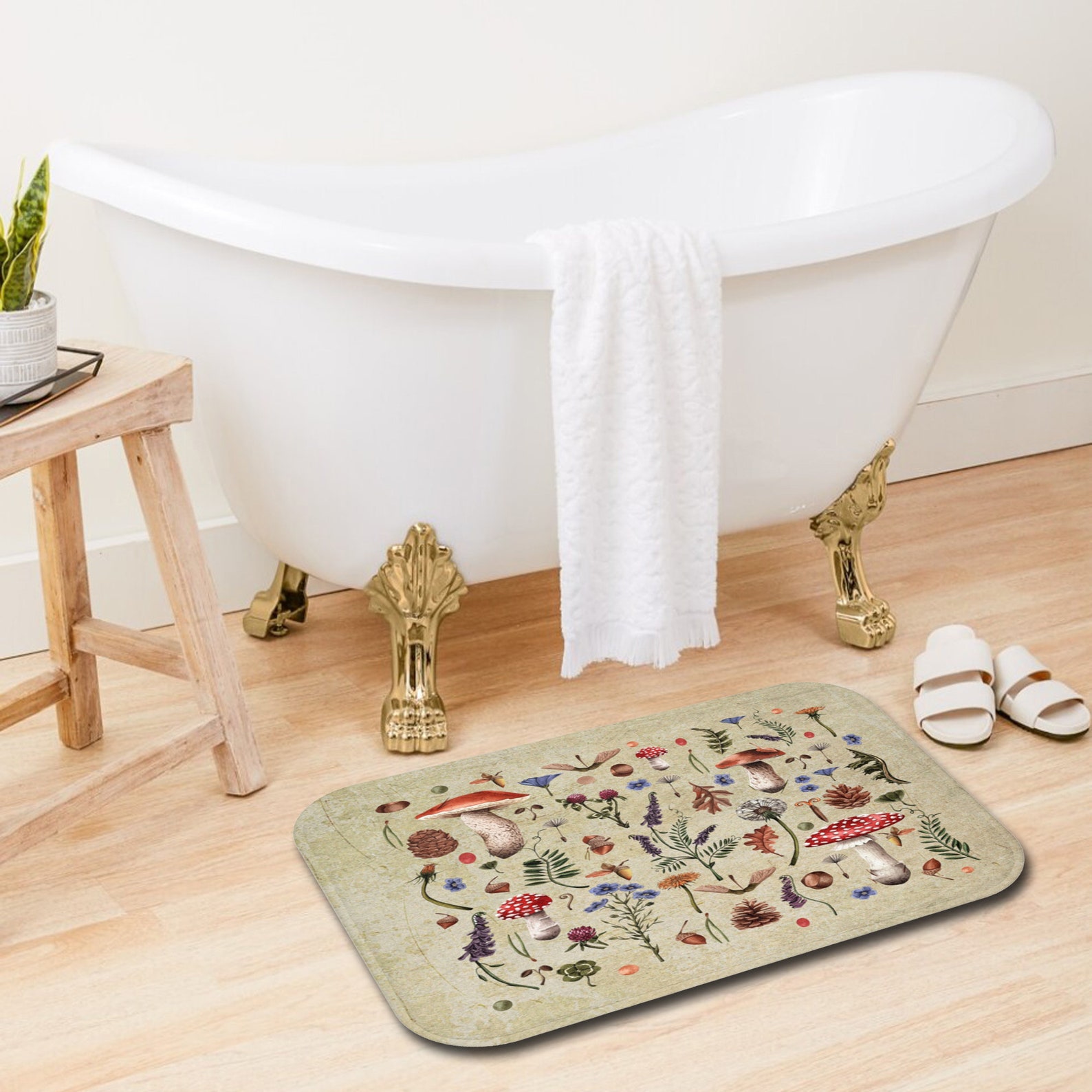 Fall Bath Mat With Mushrooms and Leaves Earthy Colors | Etsy